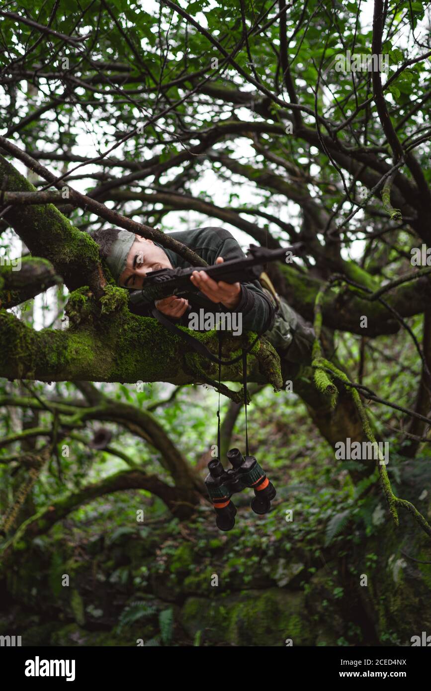 Soldier or revolutionary member or hunter in camouflage on the tree ...