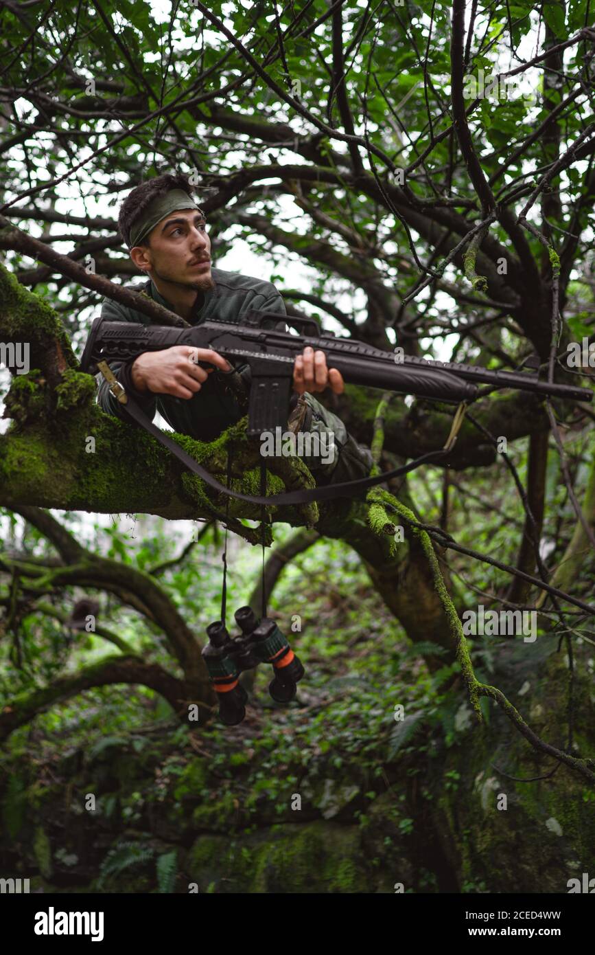 Soldier or revolutionary member or hunter in camouflage on the tree ...