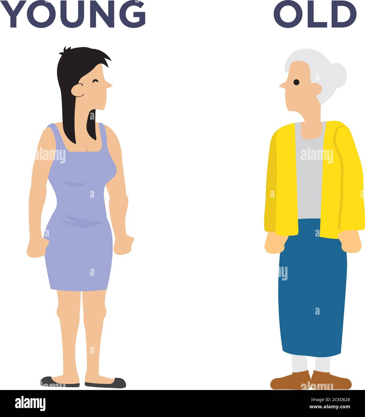 Female in two different age. Concept of aging. Flat cartoon isolated ...