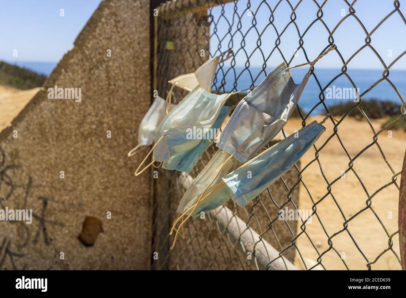 Closeup shot of sanitary masks on a chain-link fence - concept of the ...