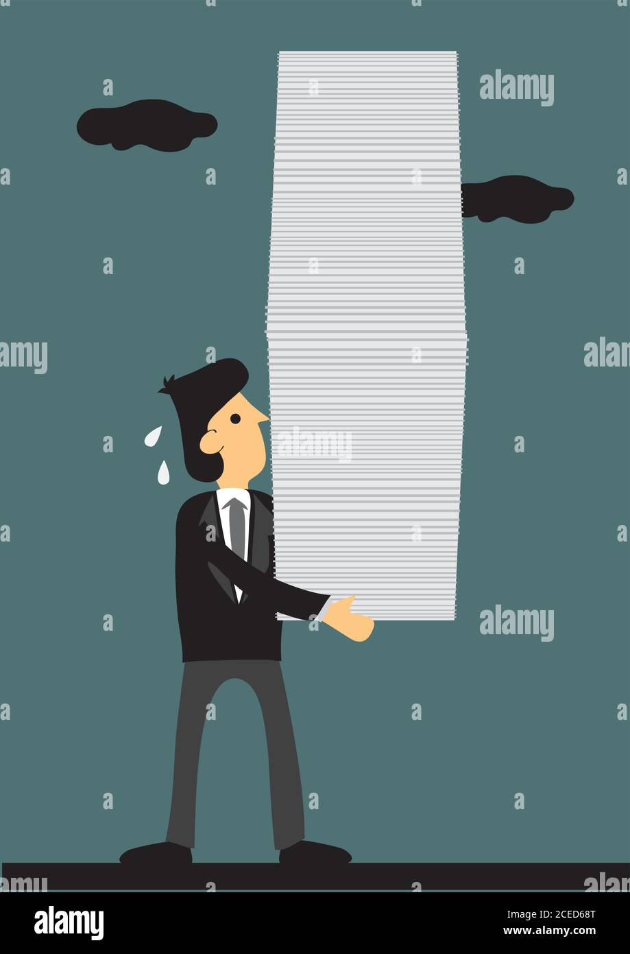 Cartoon businessman carrying a big stack of document. Vector ...
