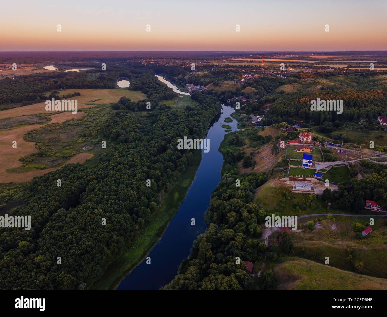 Aerial view of beautiful natural landscape. River Voronezh, Russia ...