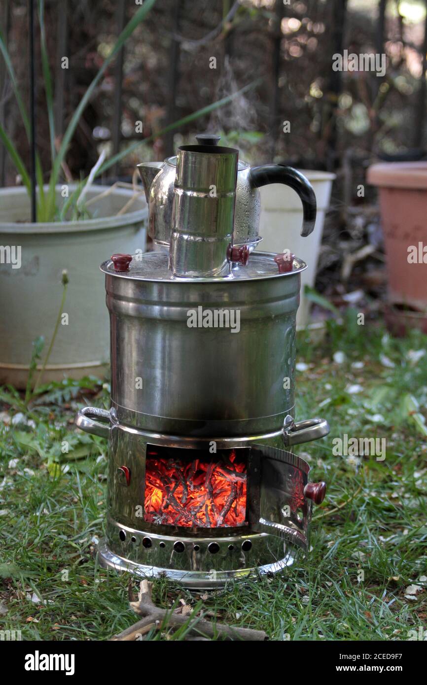 Incandescent coal fire in the samovar burned in the garden Stock Photo ...