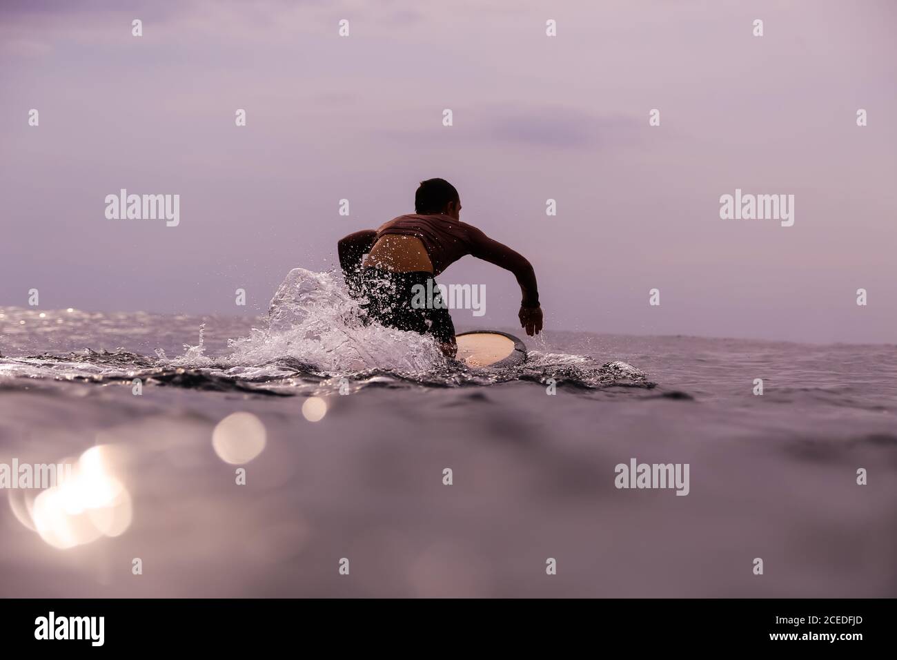 Back view of male floating on surf board between water of sea and ...