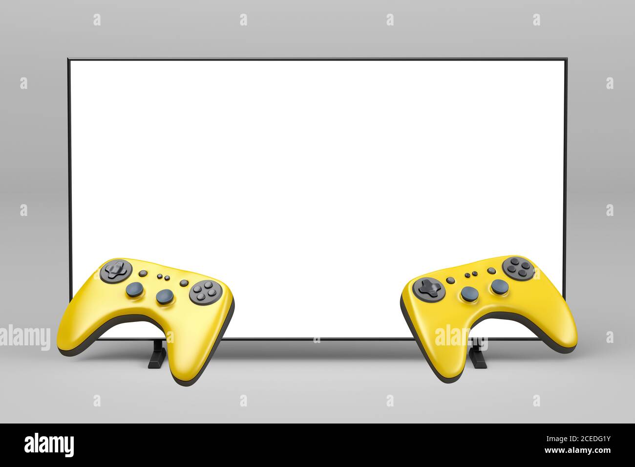 Wireless gaming controllers in front of the TV with empty screen Stock ...