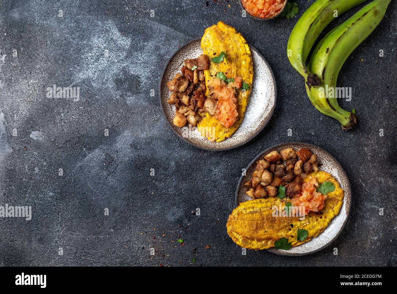 Top view of Central American dish patacon or toston fried green ...