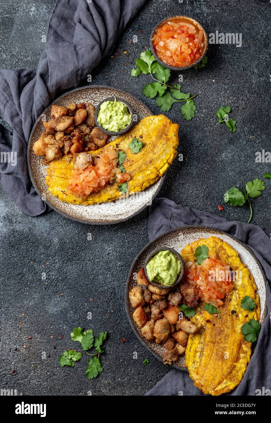 Top view of Central American dish patacon or toston fried green ...