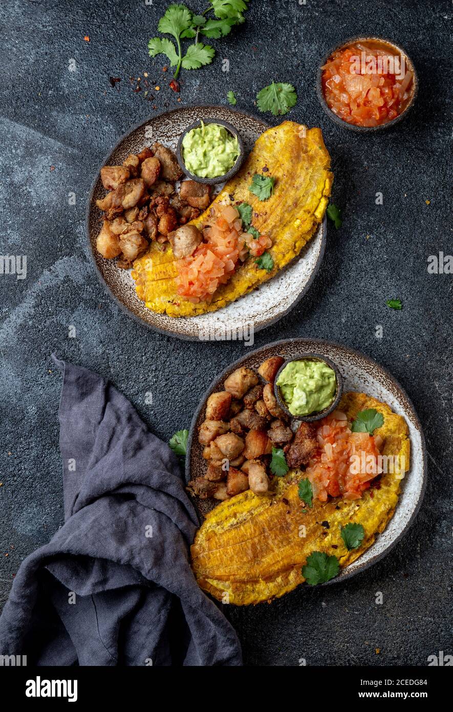 Top view of Central American dish patacon or toston fried green ...