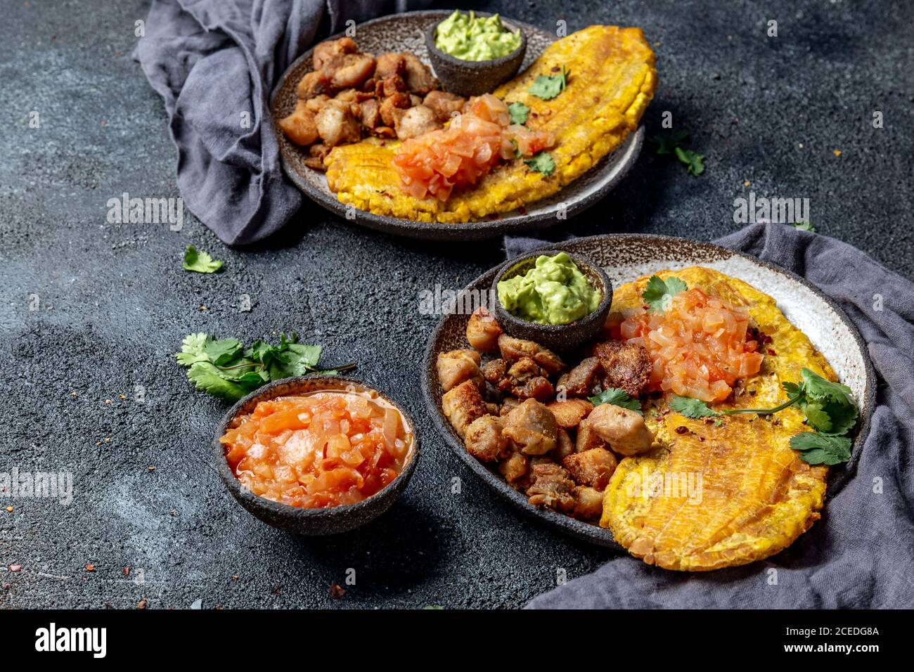 Top view of Central American dish patacon or toston fried green ...
