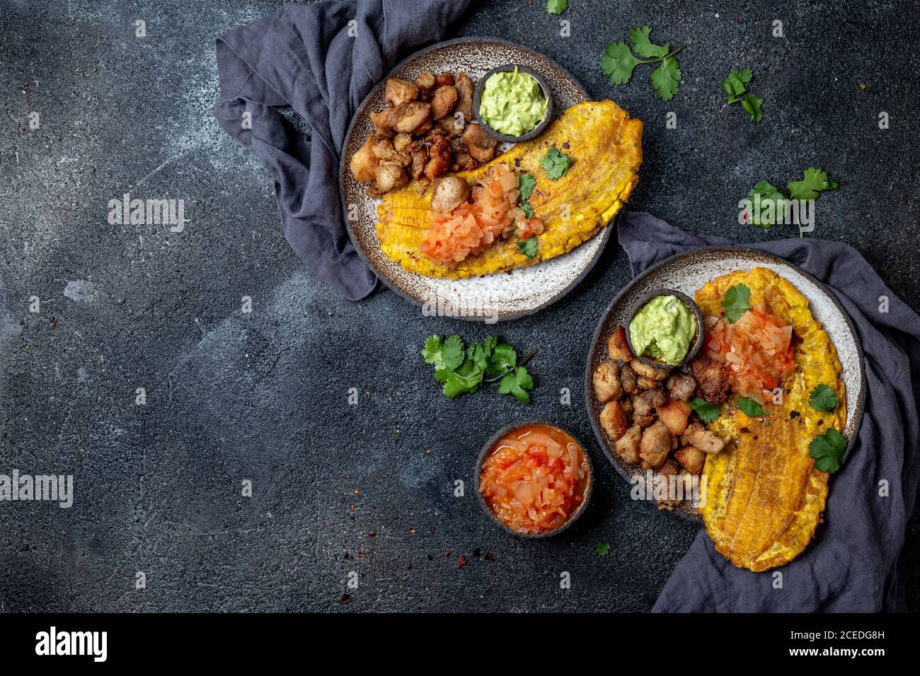 Top view of Central American dish patacon or toston fried green ...