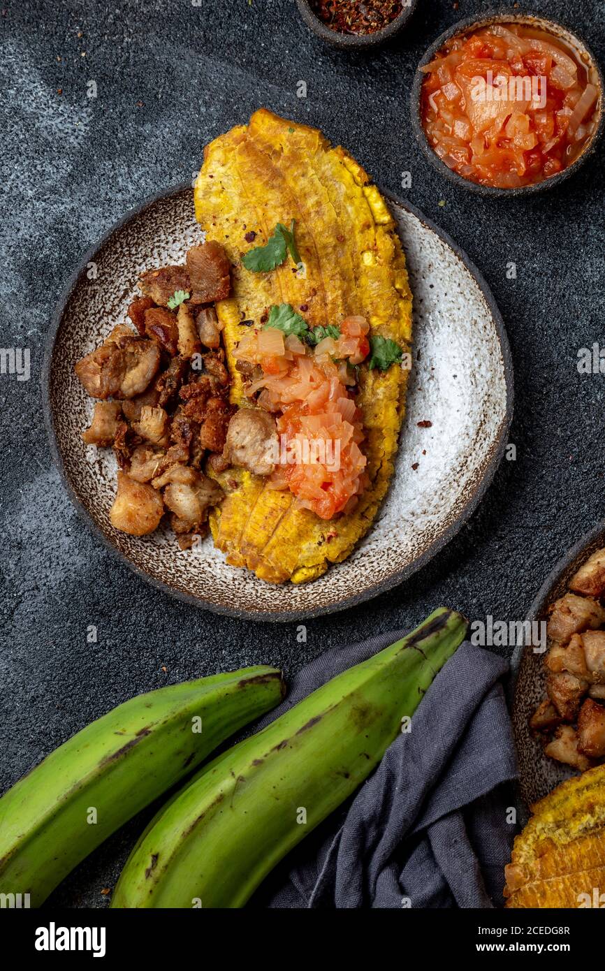 Top view of Central American dish patacon or toston fried green ...