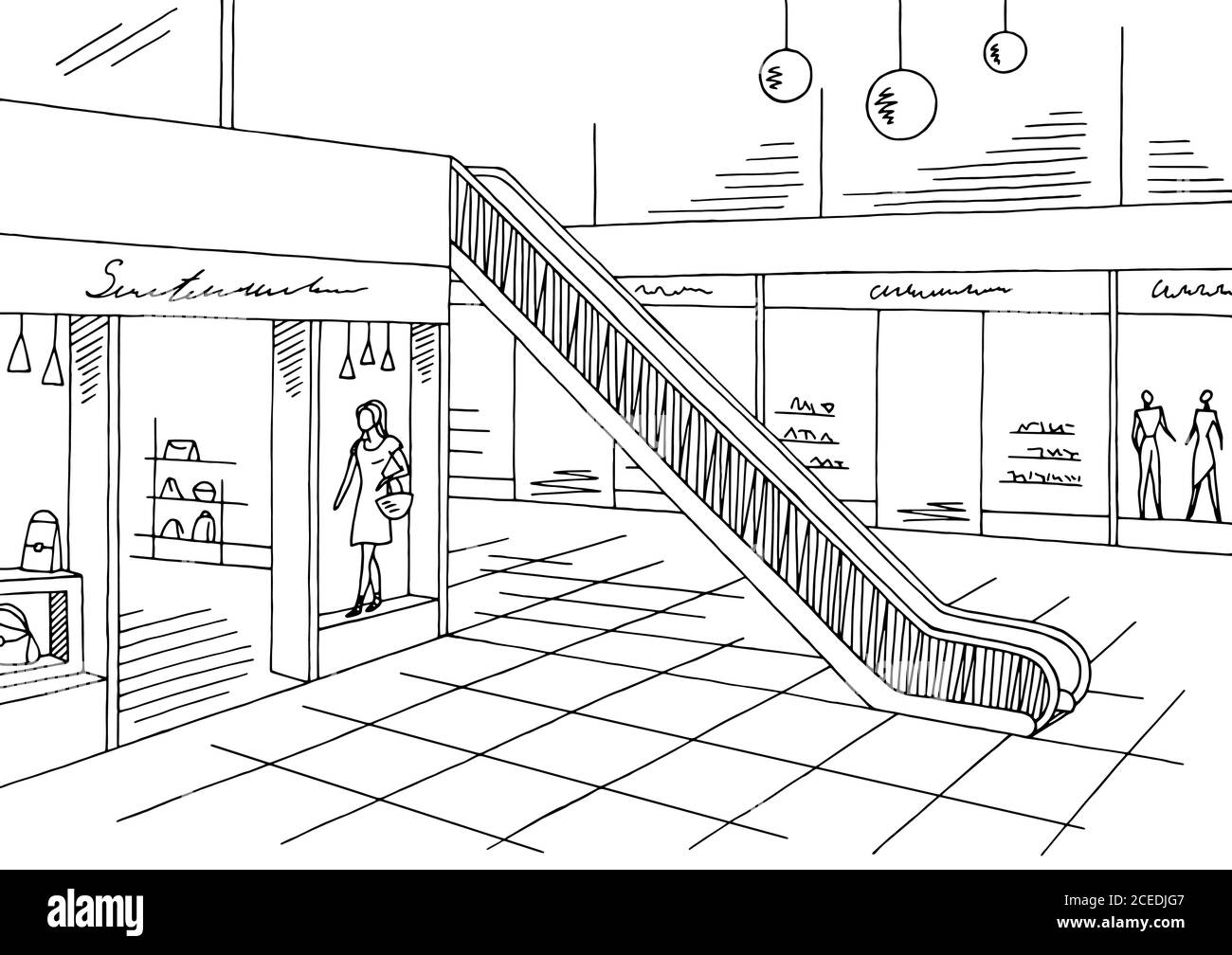 Shopping mall graphic black white interior sketch illustration vector ...