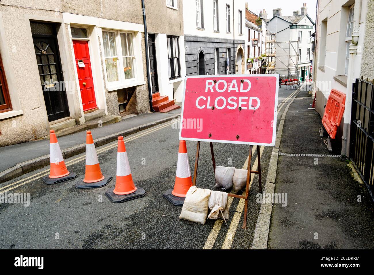 British roadworks with road closed and diverted traffic, signs Stock ...