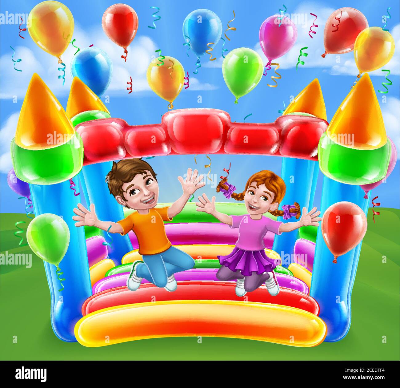 Bouncy House Castle Jumping Girl Boy Kids Cartoon Stock Vector Image ...