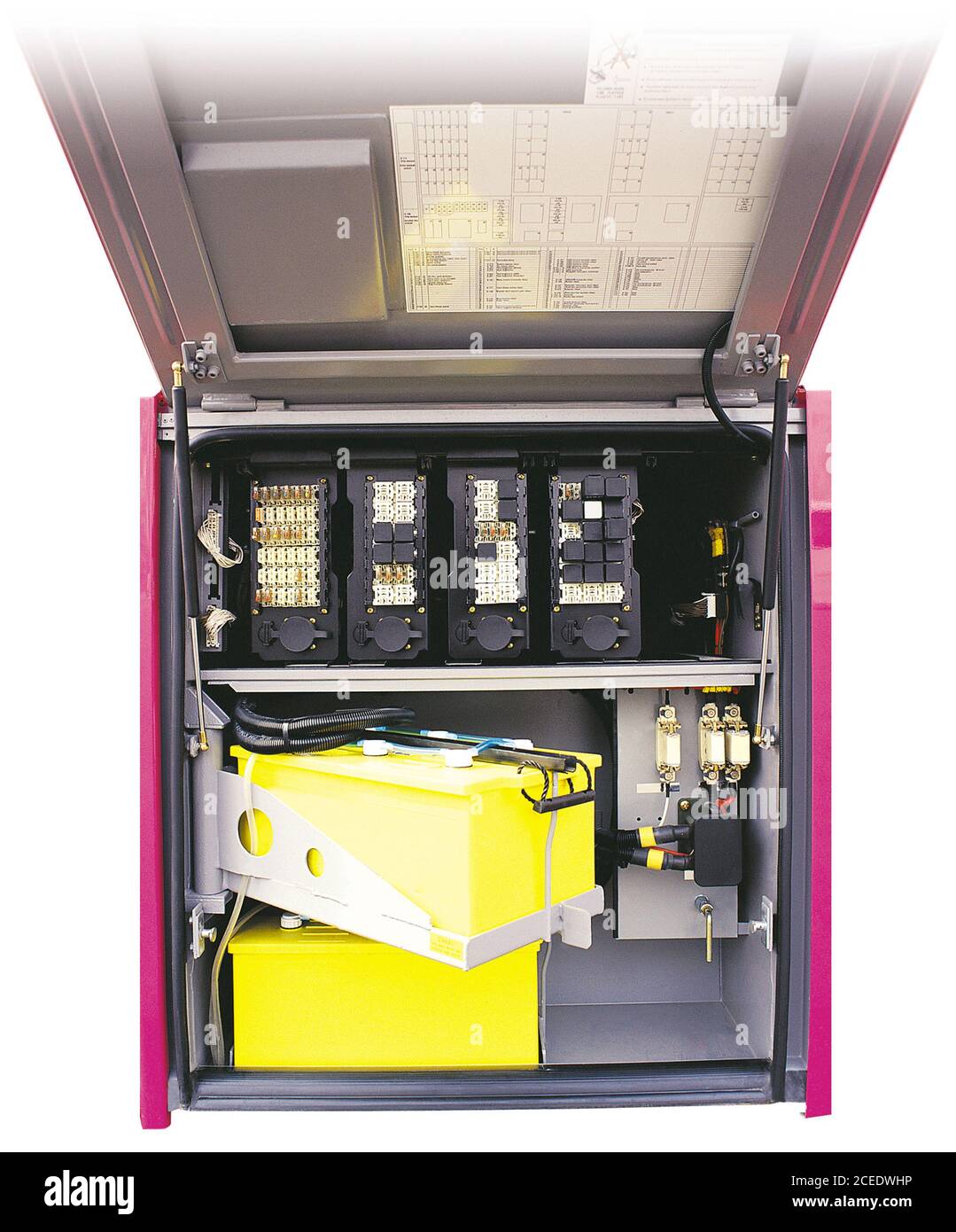 Intercity bus compartment with accumulator, fuse and electronic box ...