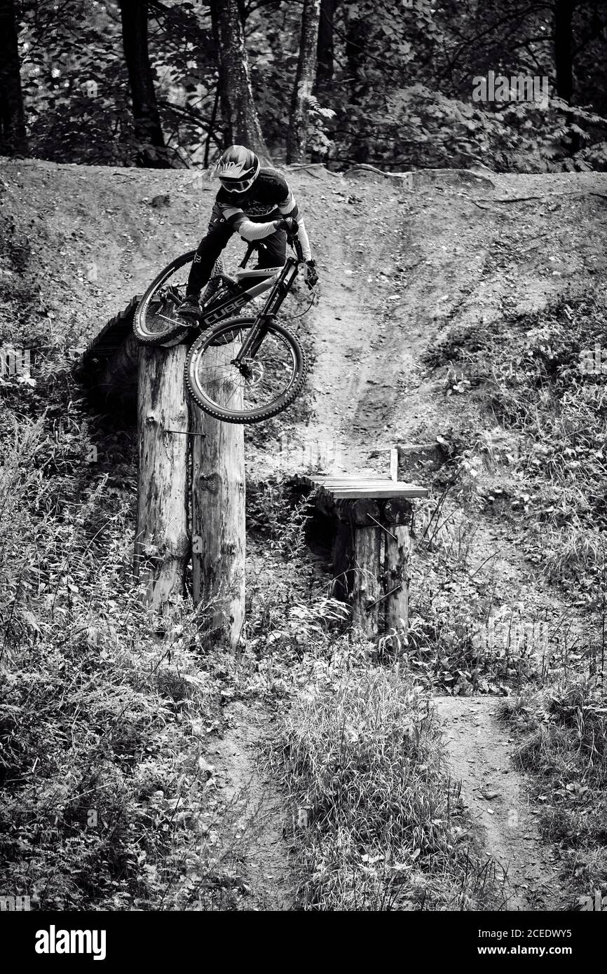 Russia, Moscow - Sep 01, 2020: Young boy jumping with his MTB Bike at ...