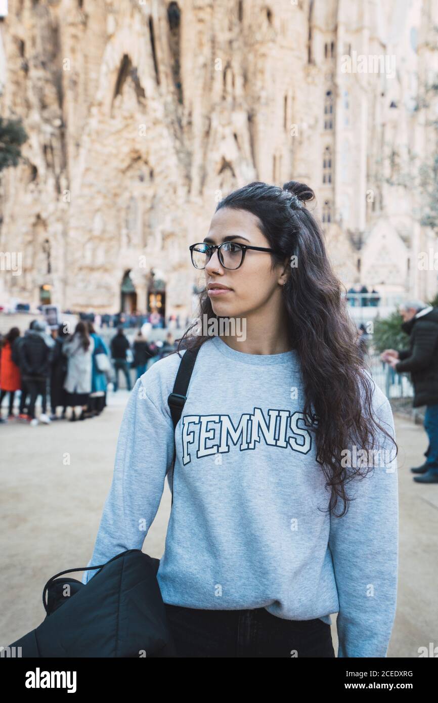 Smiling excited female tourist hi-res stock photography and images - Alamy