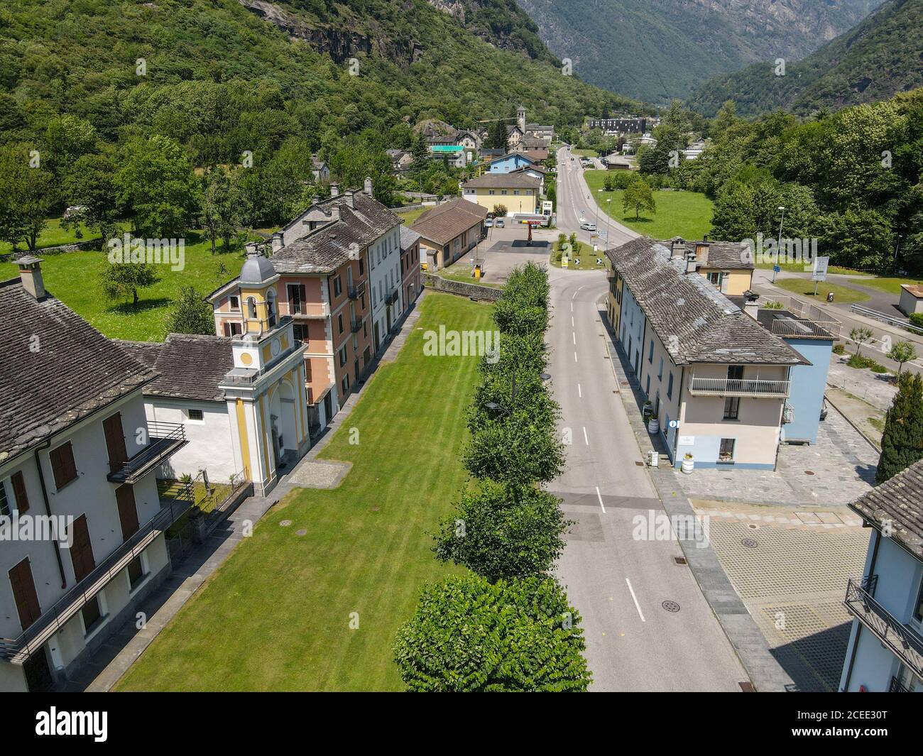 Cevio, Switzerland - 8 July 2020: The village of Cevio on Maggia valley in the italian part of ...