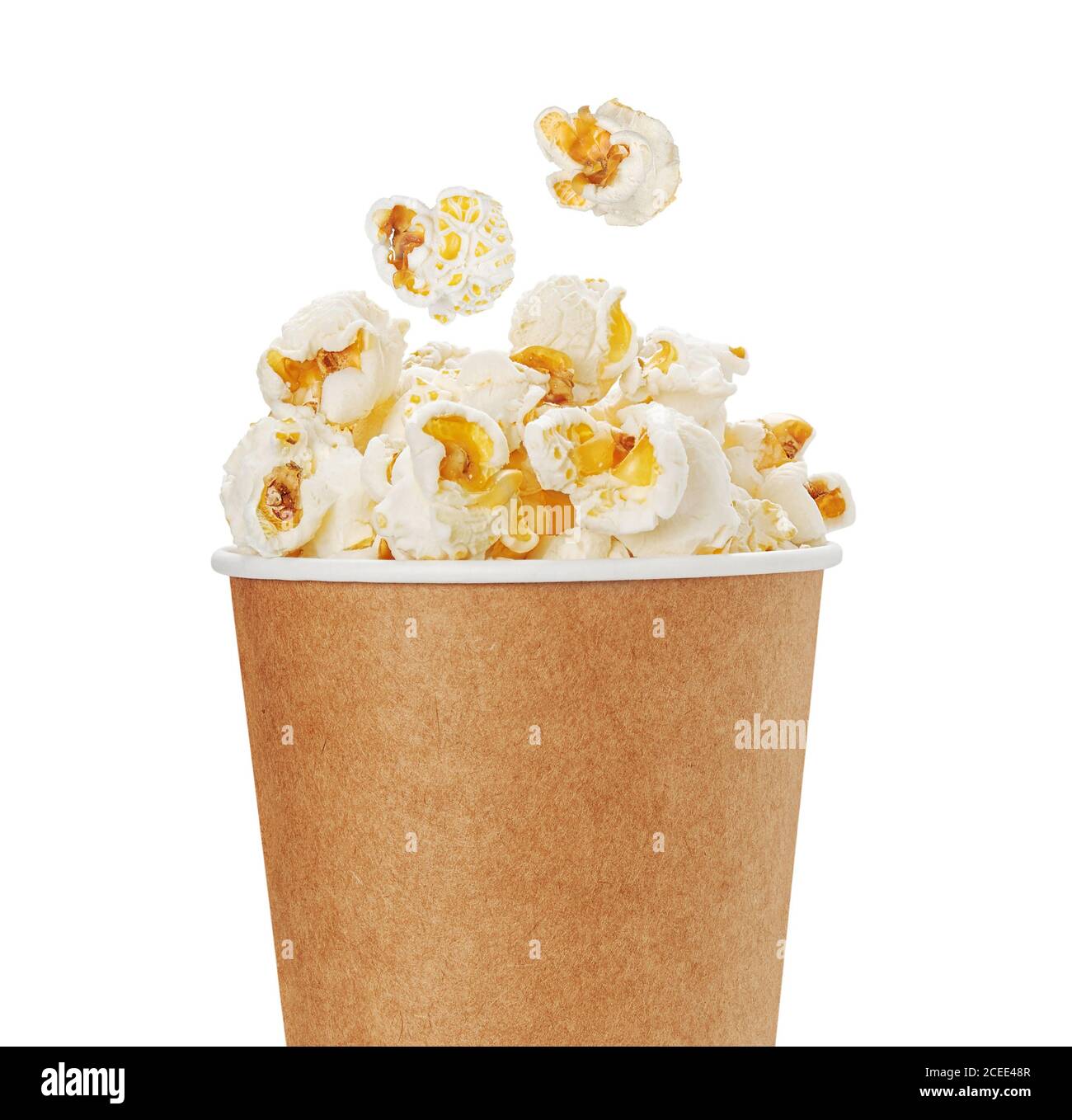 popcorn in a cardboard cup isolated on white background. Clipping path ...