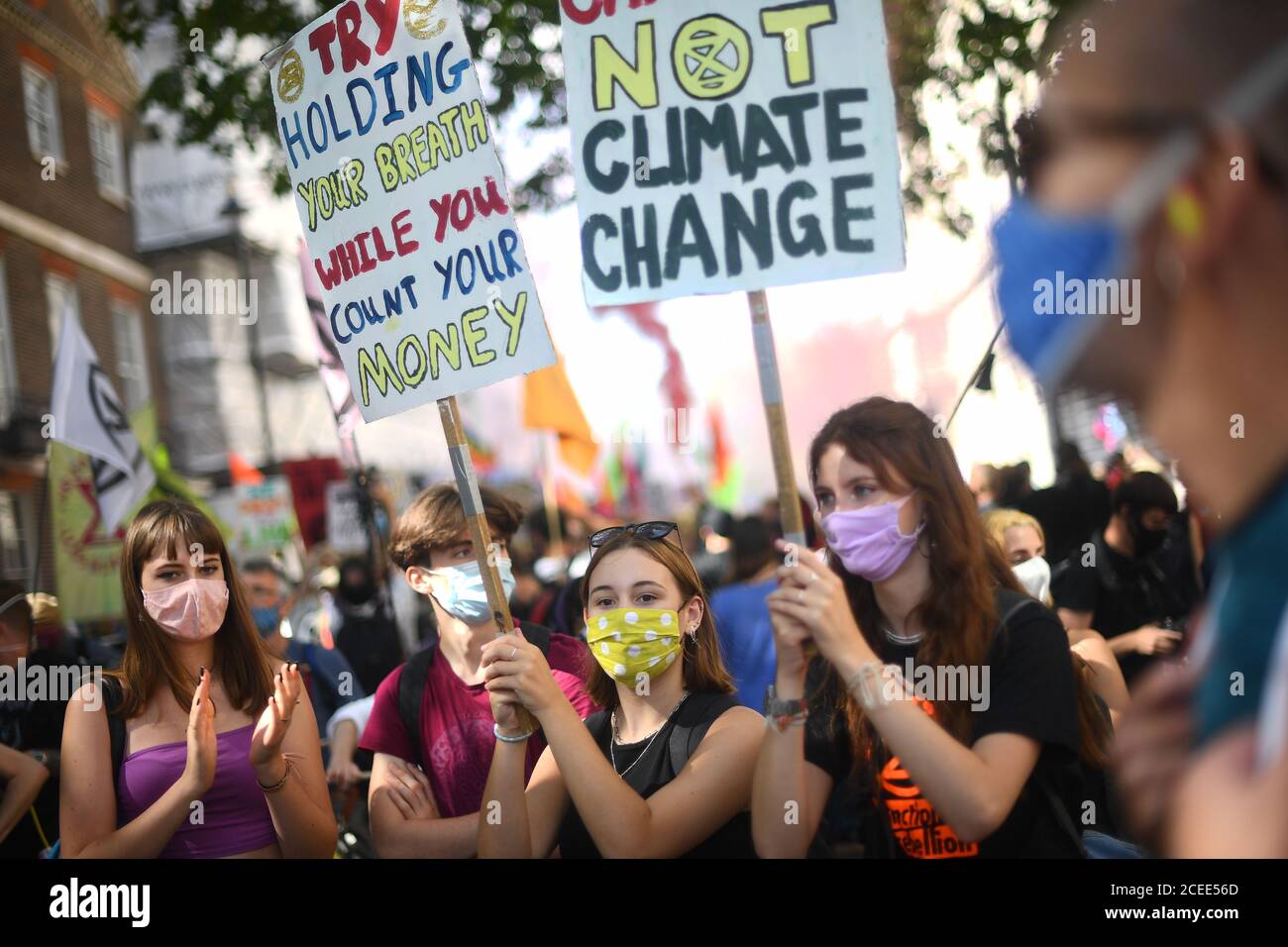 Extinction Rebellion protesters near Buckingham Palace in London. The ...