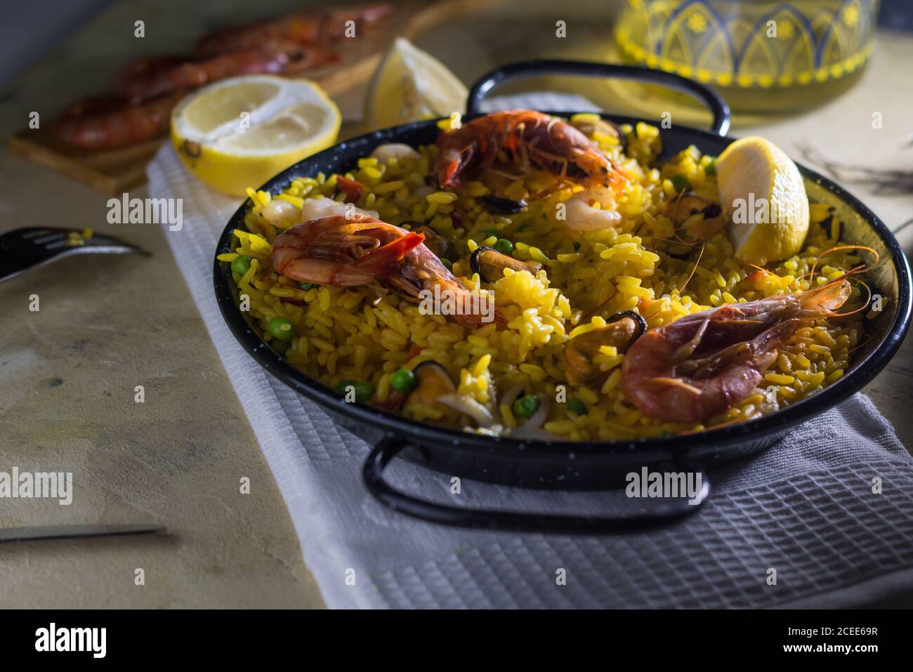 Paella marinera, typical dish of Spanish cuisine, consisting of rice ...