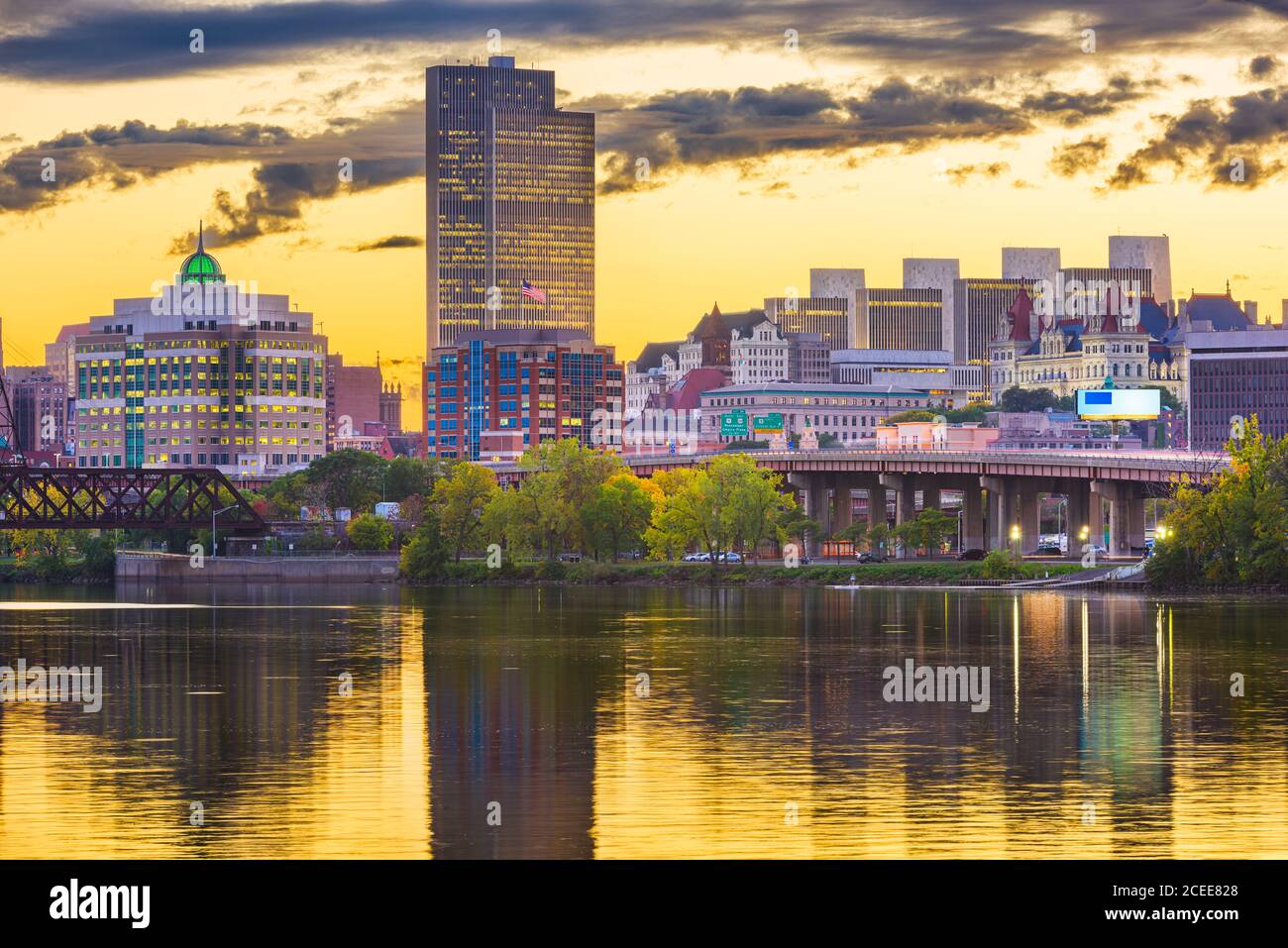 Albany, New York, USA skyline on the Hudson River at sunset Stock Photo ...
