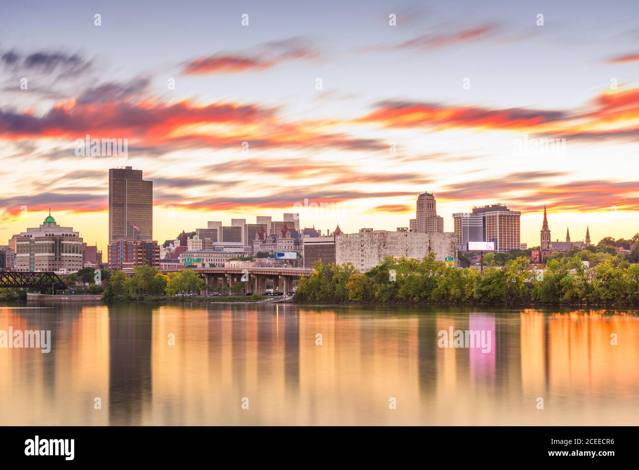 Albany, New York, USA skyline on the Hudson River at sunset Stock Photo ...