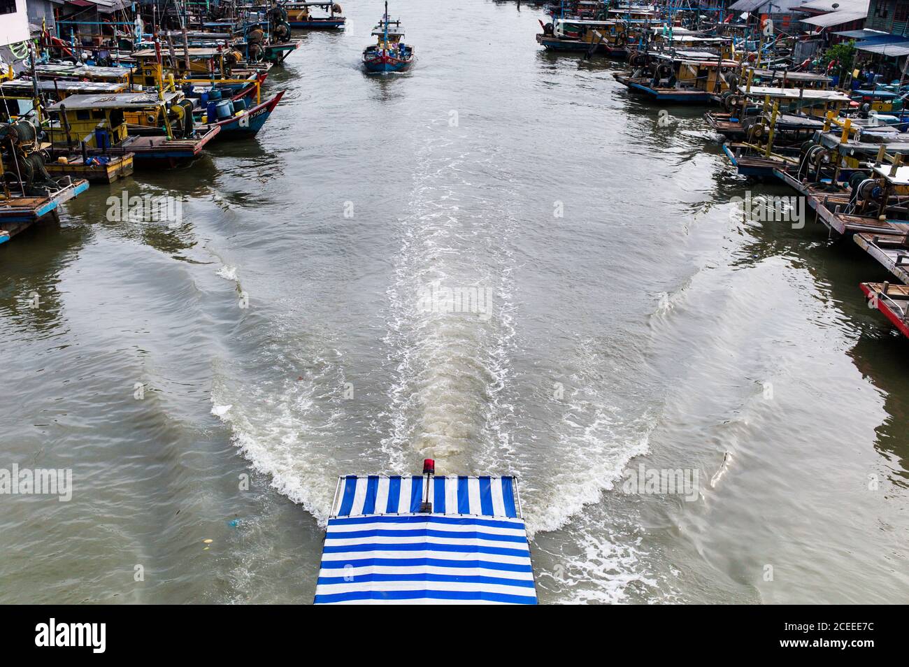 From above shot of boat parked and floating in channel Stock Photo - Alamy
