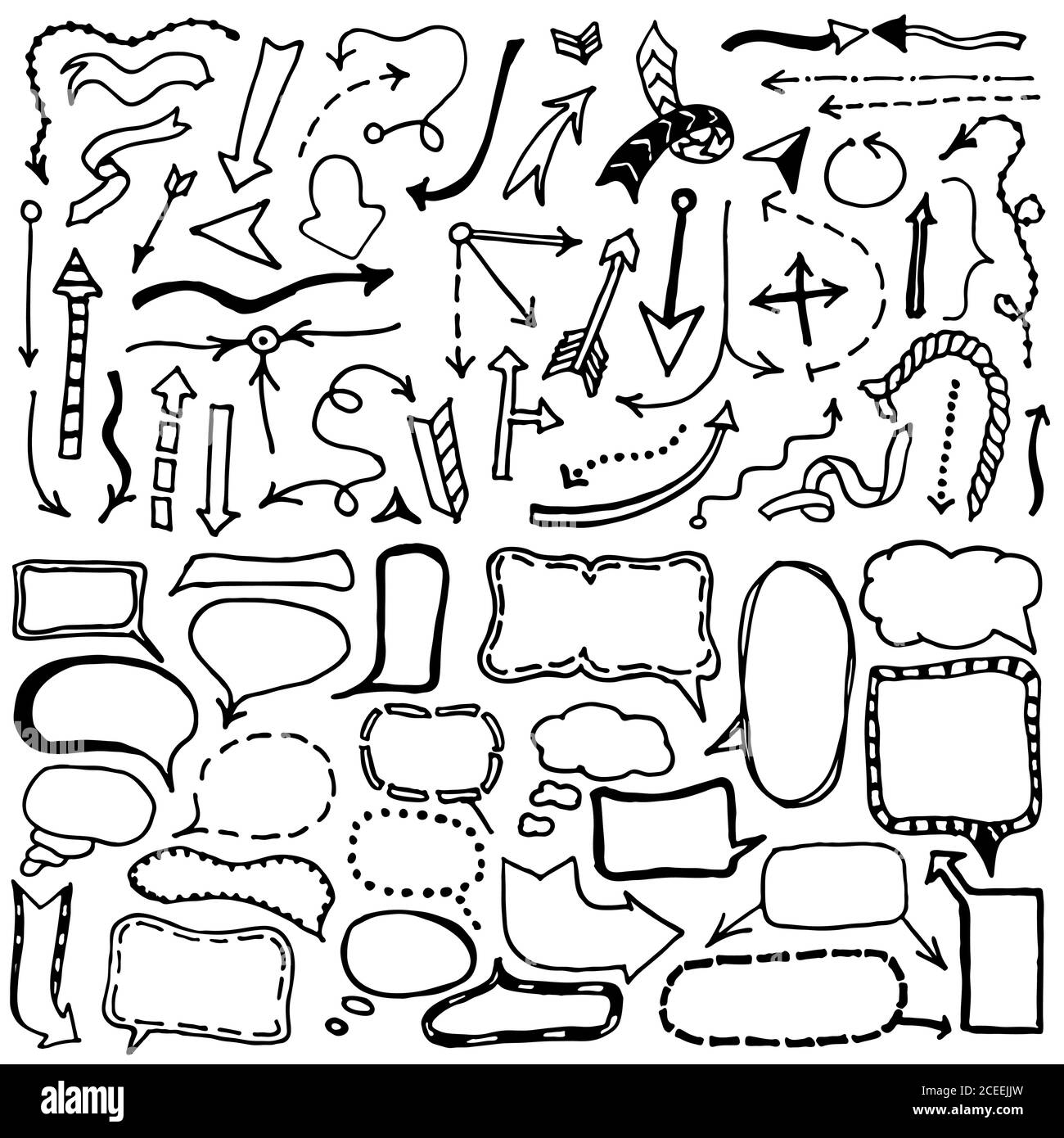 Doodle arrows and speech bubbles icon set isolated on white. Grunge ...