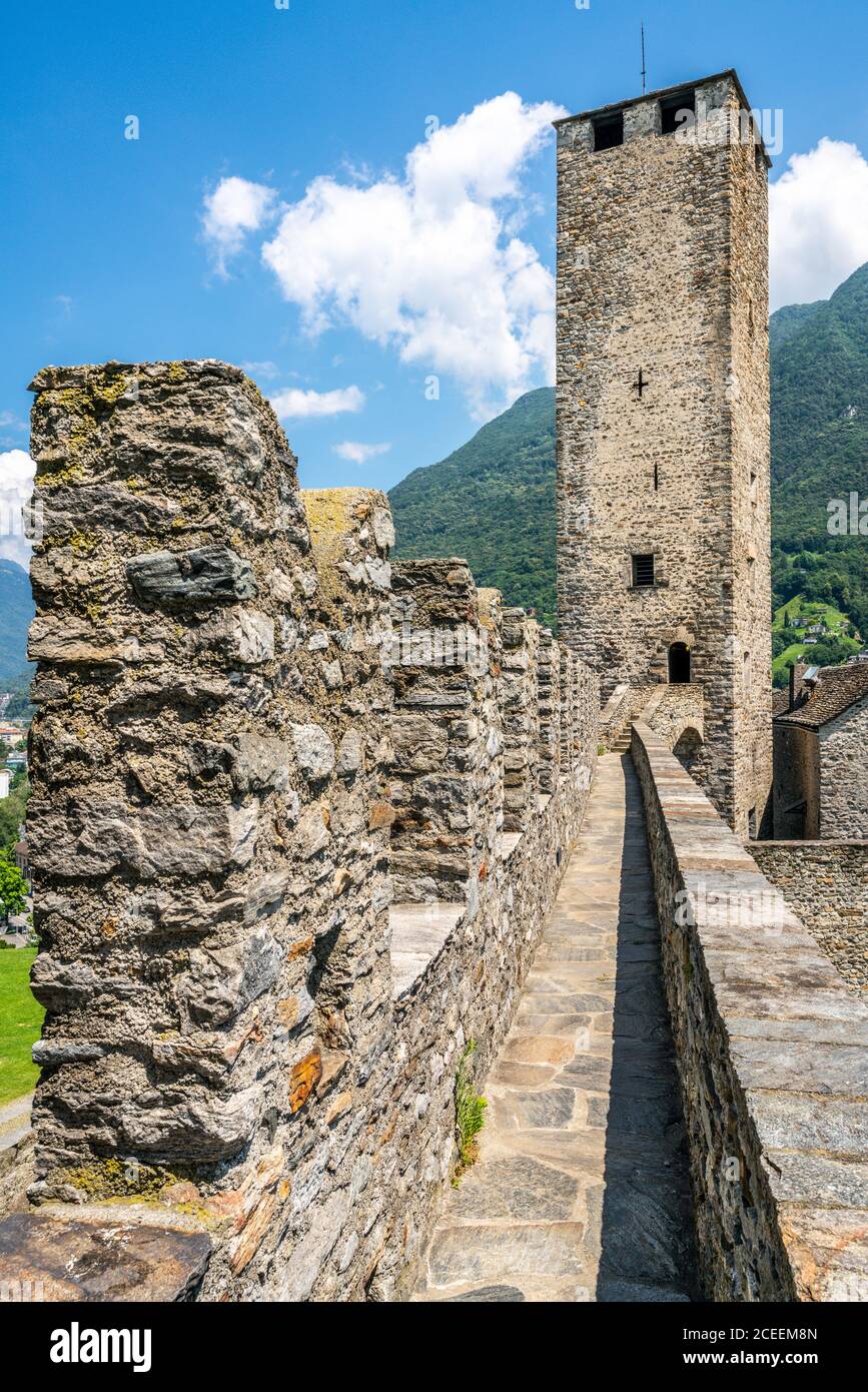 Scenic vertical view of Castelgrande castle tower taken from rampart ...