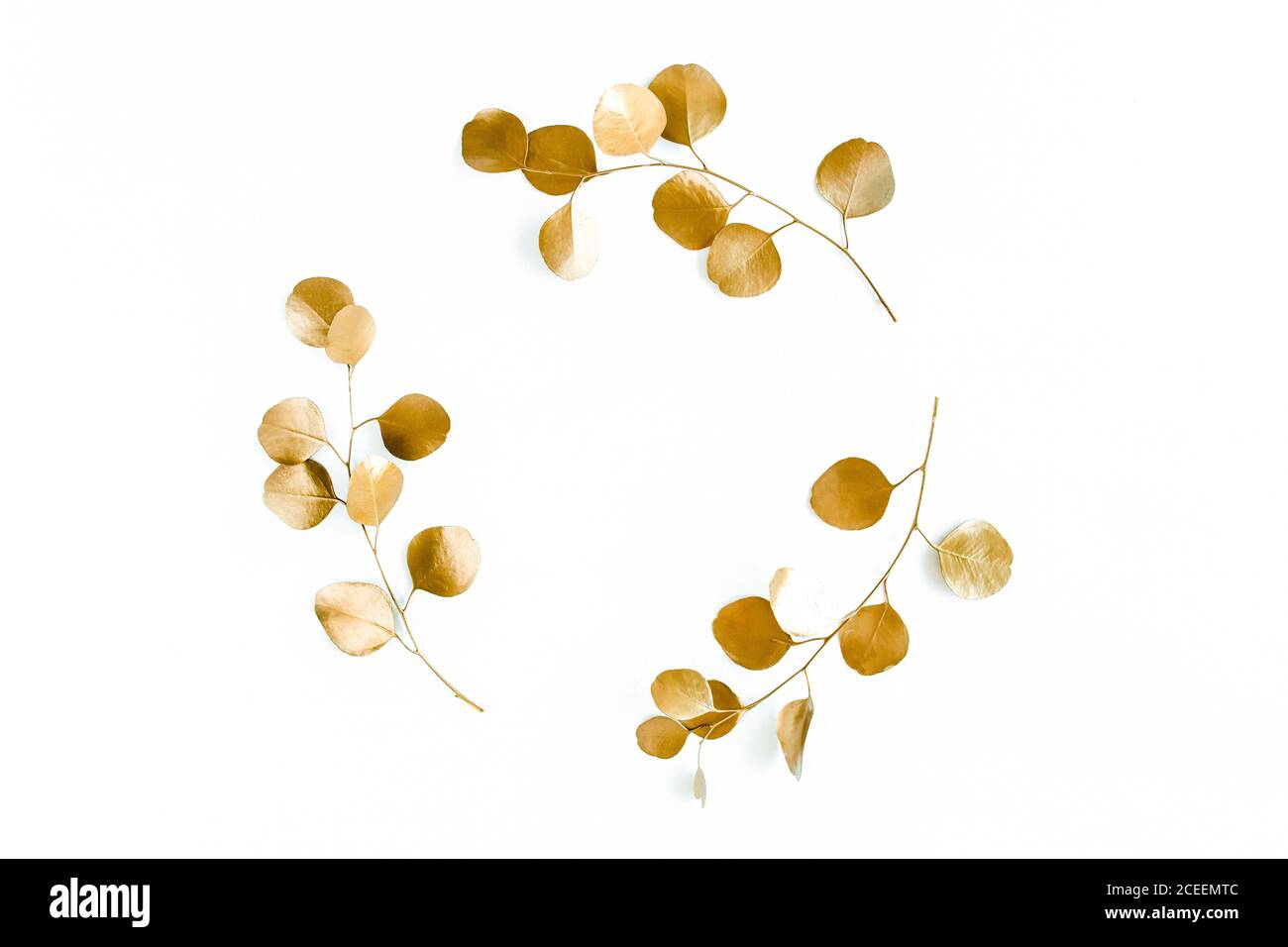 Gold round frame made of gold branches eucalyptus and leaves isolated ...
