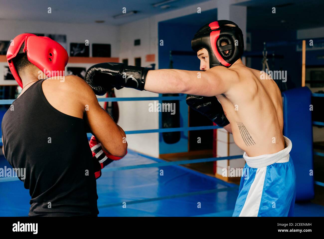 Two muscular men in helmets sparring and fighting in the gym Stock ...