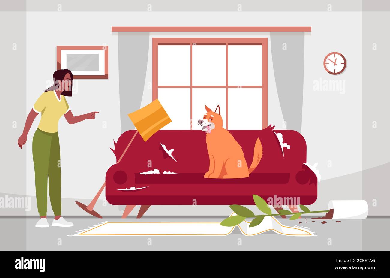 Messy living room and naughty dog semi flat vector illustration Stock ...