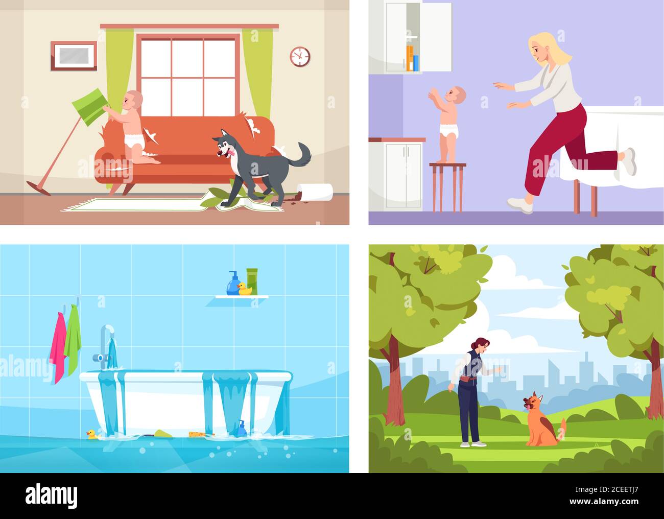 Household occurrences semi flat vector illustration set Stock Vector ...