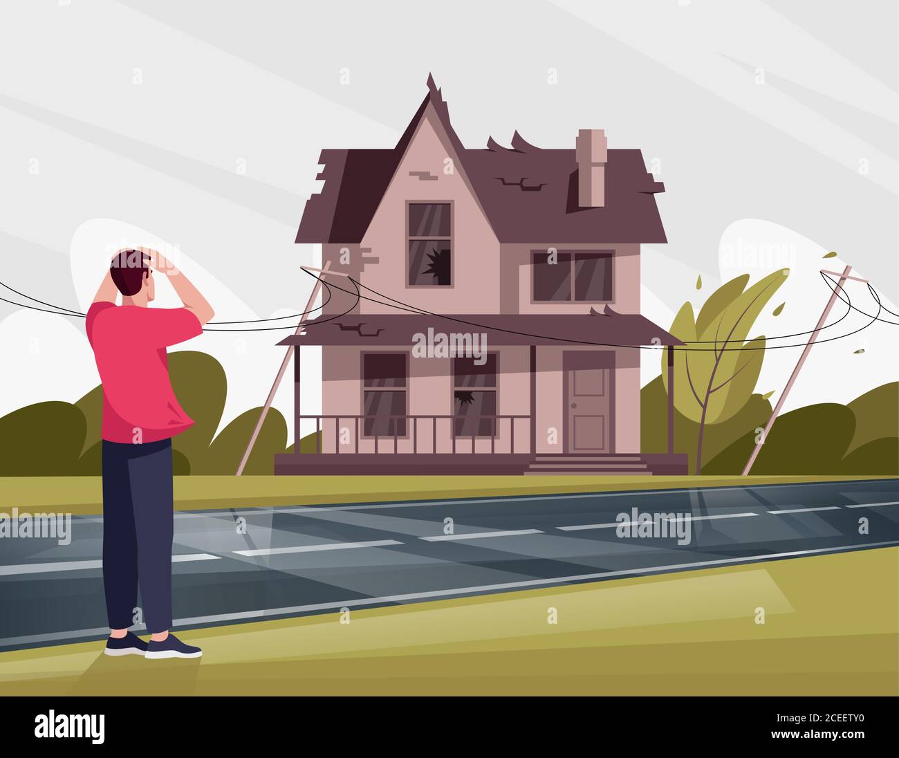 Man shocked by shabby house with broken windows semi flat vector ...