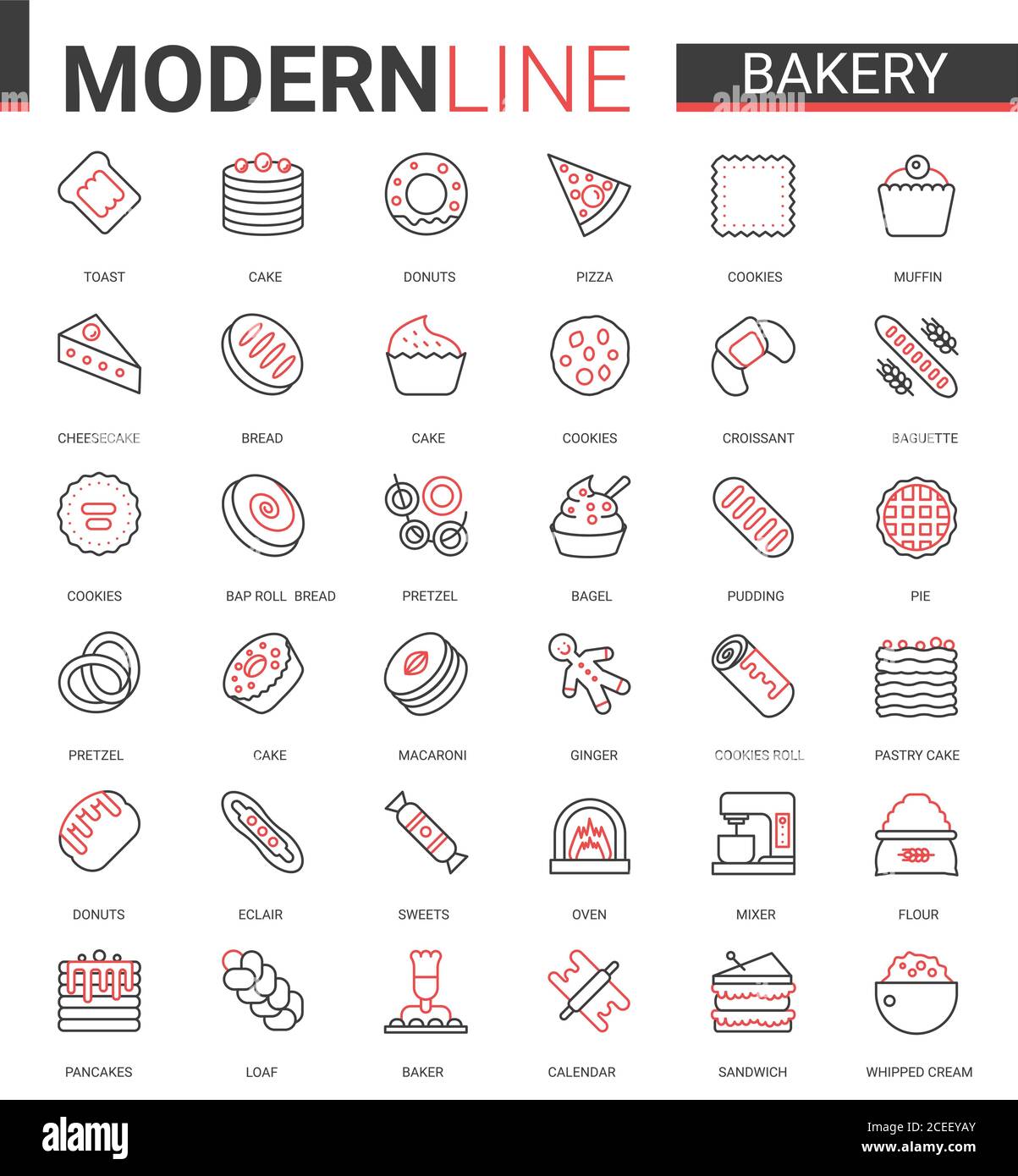 Bakery red black thin line icon vector illustration set. Sweet food dessert outline pictogram ...