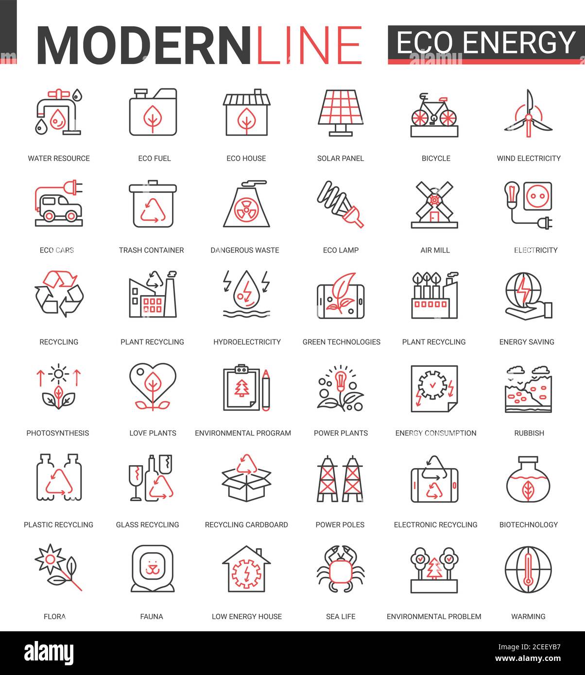Eco energy flat icon vector illustration set. Red black thin line ...