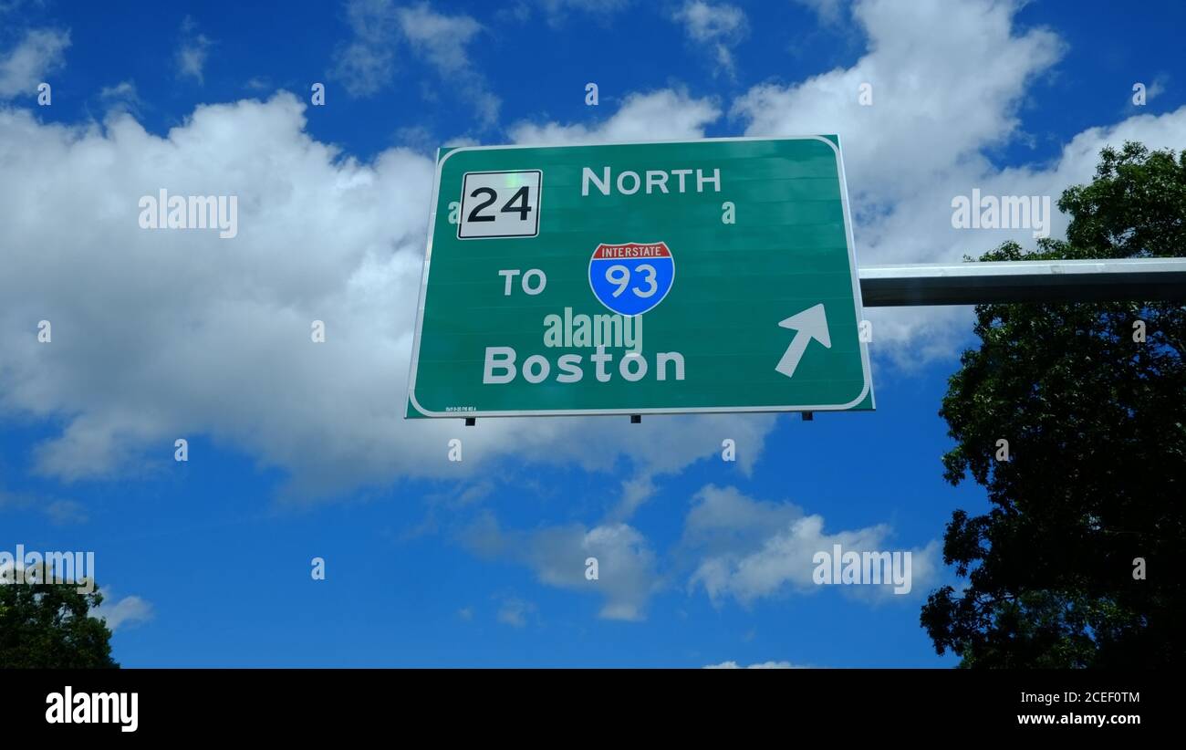 USA, highway direction sign showing direction to Boston, Massachusetts ...