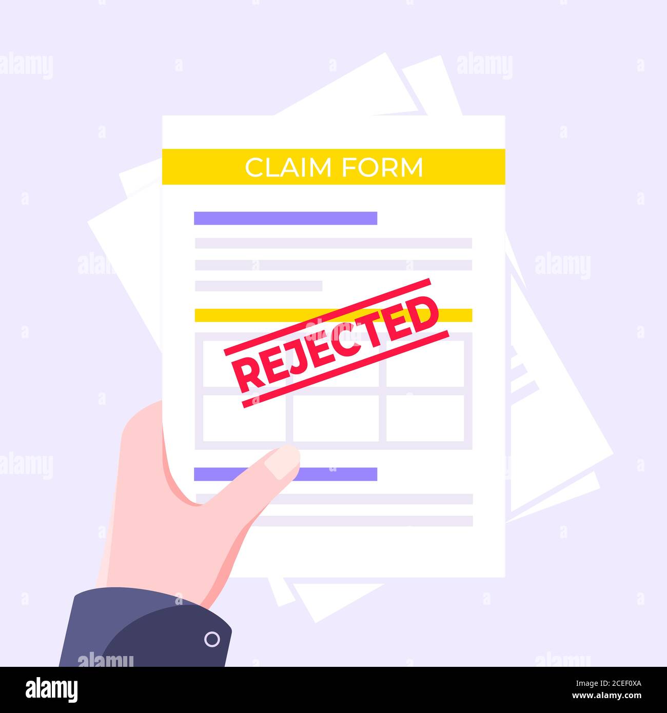 Rejected claim or credit loan form on it, paper sheets and rejected ...