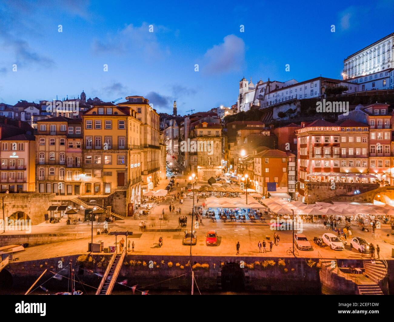 Historic Ribeira square in city center of Porto at night, Portugal ...