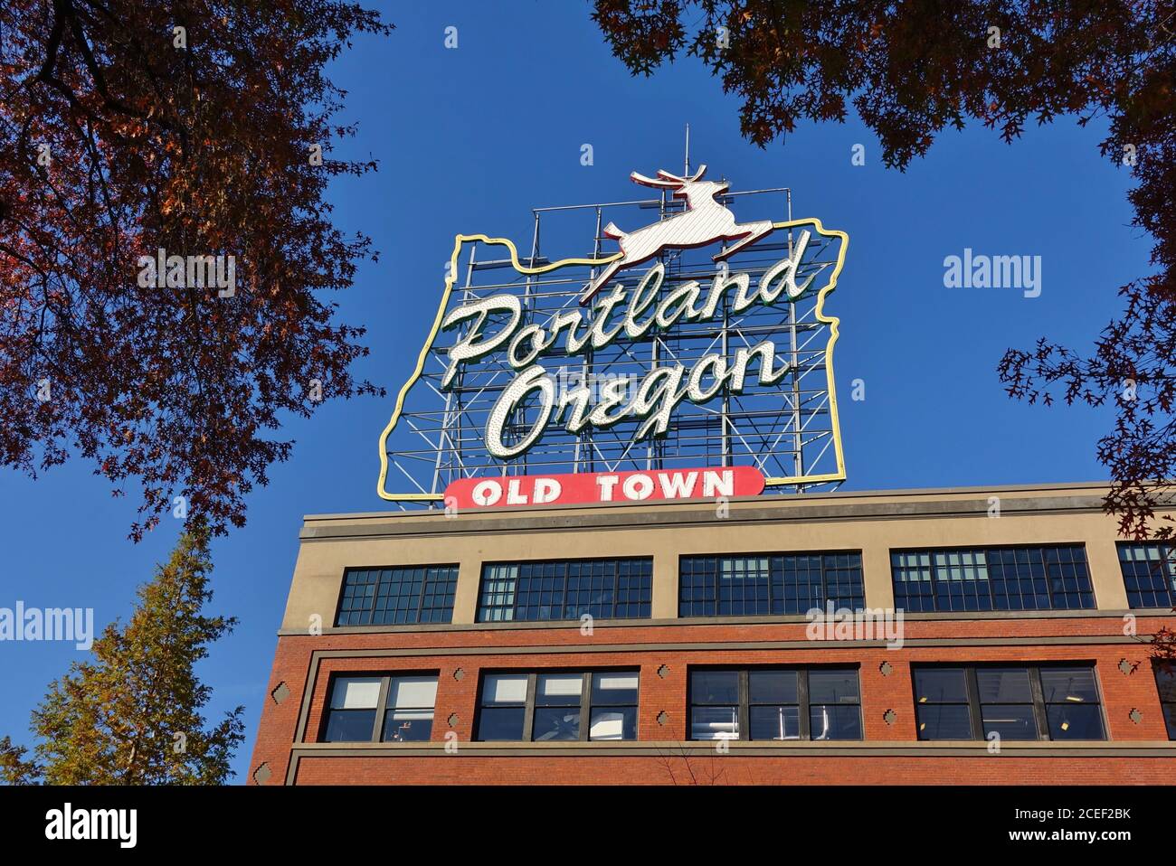 PORTLAND, OR -2 NOV 2019- View of the iconic White Stag, a landmark ...