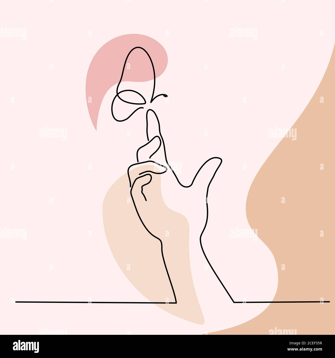 Hand with butterfly on finger. Line art drawing style. Black linear ...