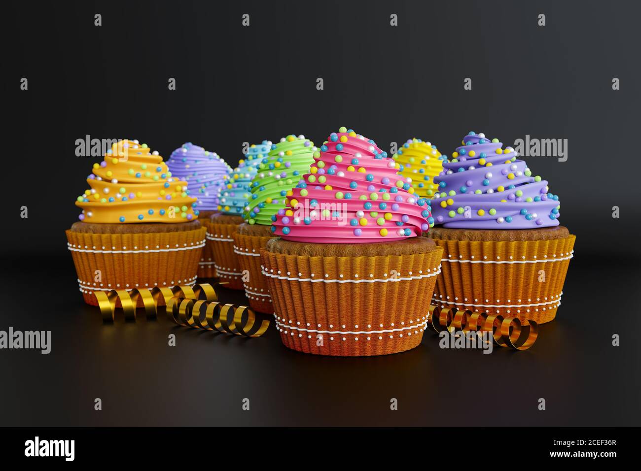 3D rendering of color cupcakes, each cupcake has orange color of ...