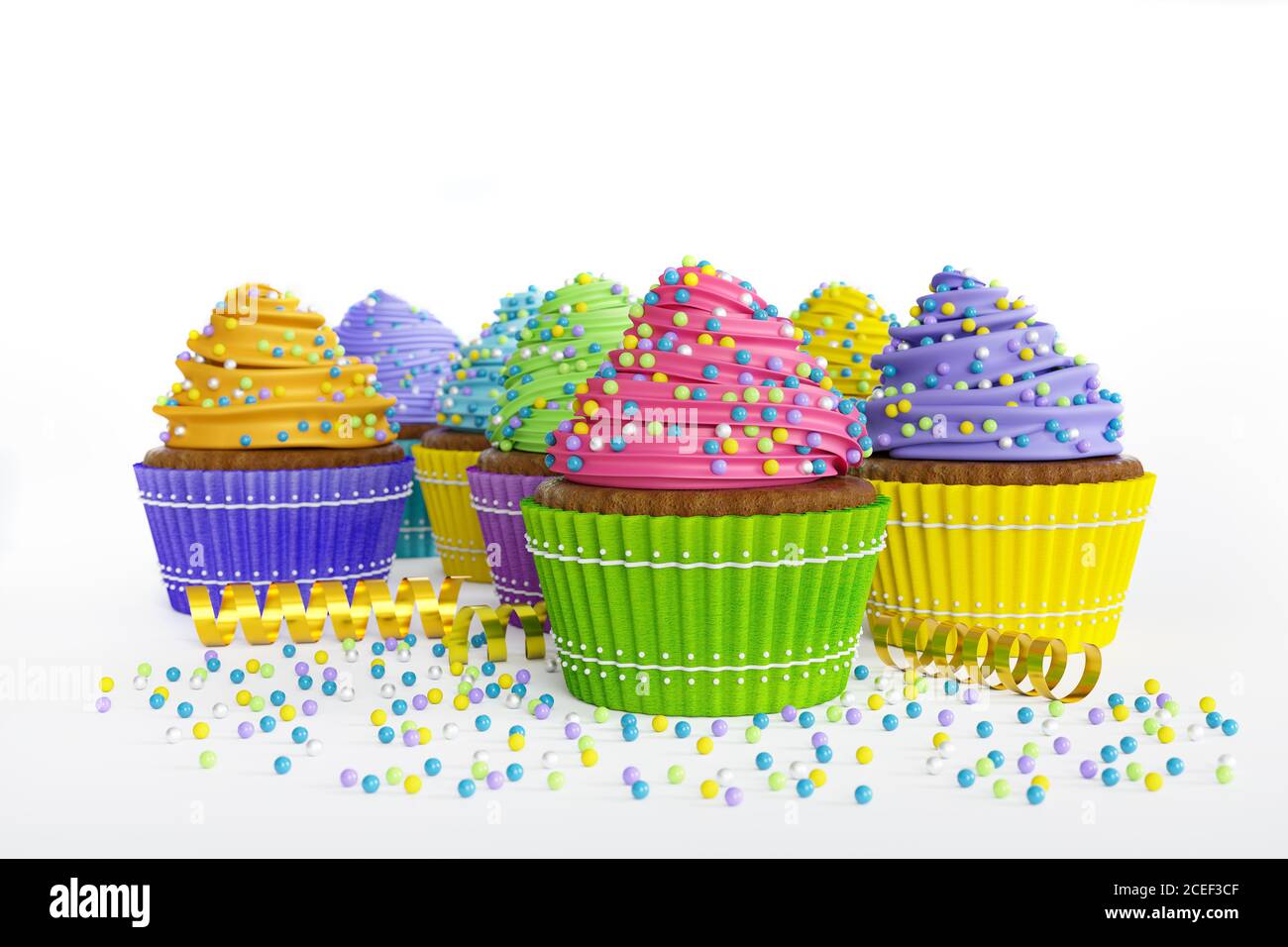3D rendering of color cupcakes, each cupcake has different color of ...