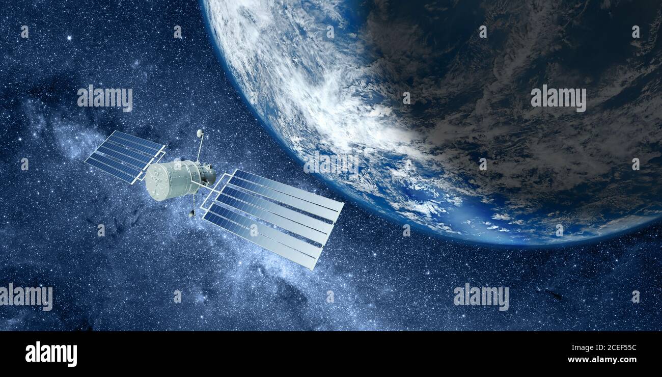Telecommunication satellite in space above Earth concept Stock Photo ...