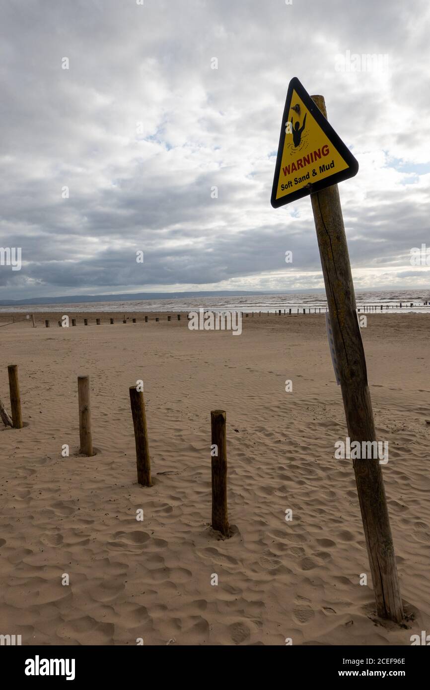 Warning, Soft Sand and Mud Sign, Brean Sands, Somerset, UK Stock Photo ...