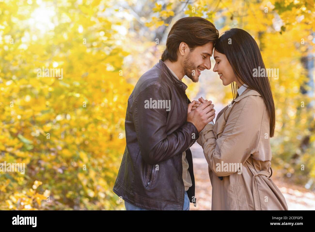 Couple in love holding hands and touching each other foreheads Stock ...