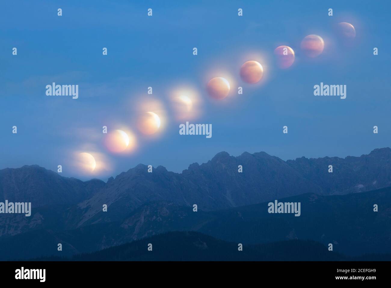 Total lunar eclipse. Phases observed on July 27 2018 over High Tatras ...