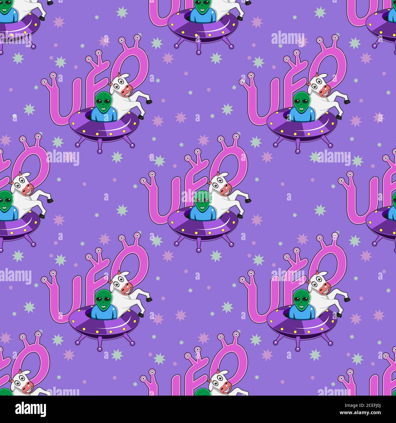 seamless spaceship pattern with cow and alien on purple background ...