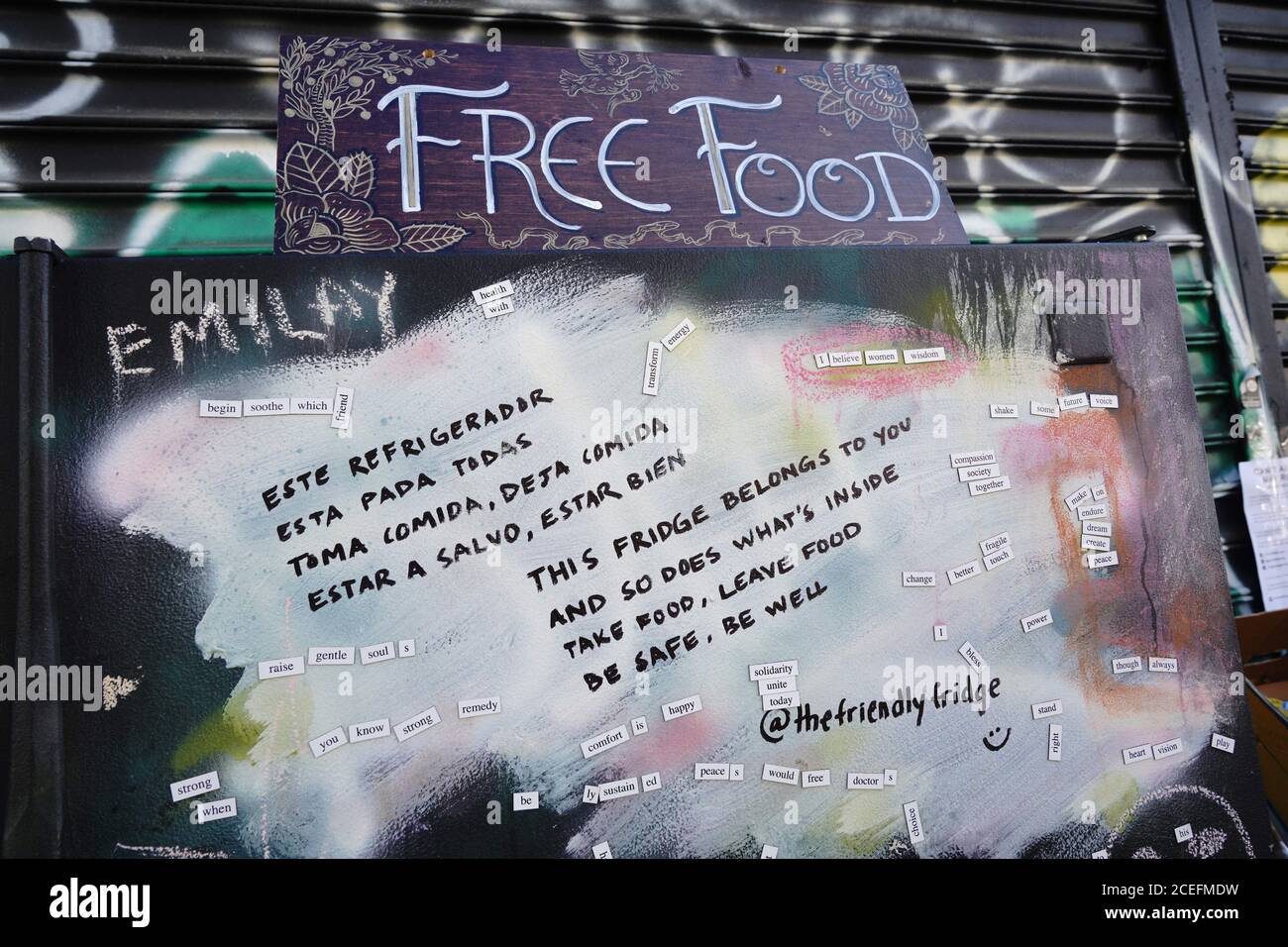 New York, USA. 16th May, 2020. Free food sign at the Knickerbocker free ...